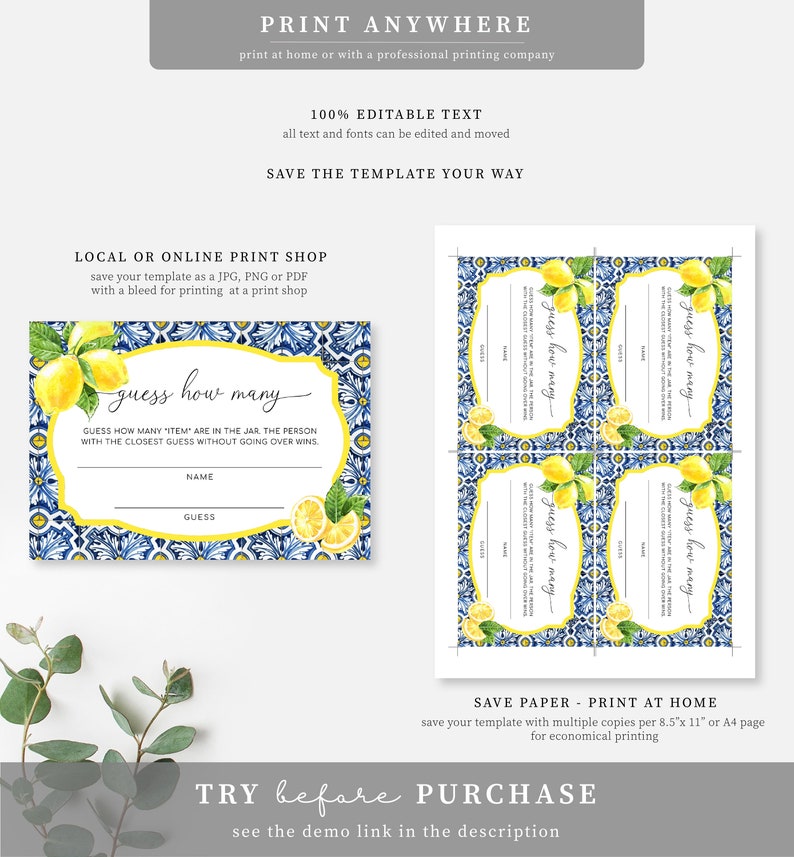 Positano Lemon Game, Guess How Many Sign and Cards (printable Template ...