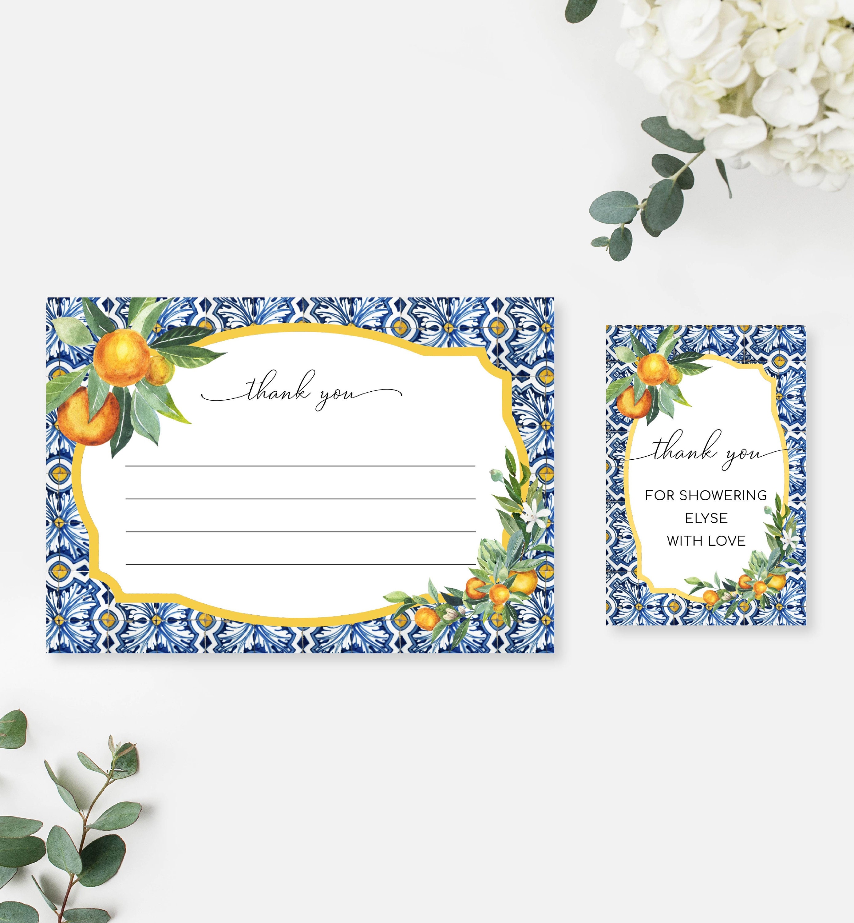 Positano Blue Tile Thank You Card and Favor Tag Template | Etsy
