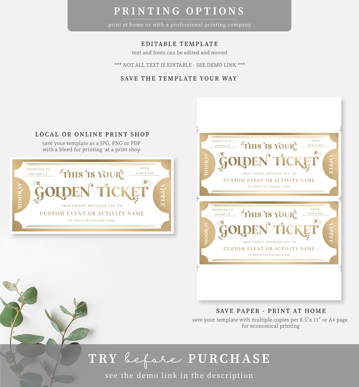 Printable Golden Ticket Custom Gift Voucher Template - Etsy