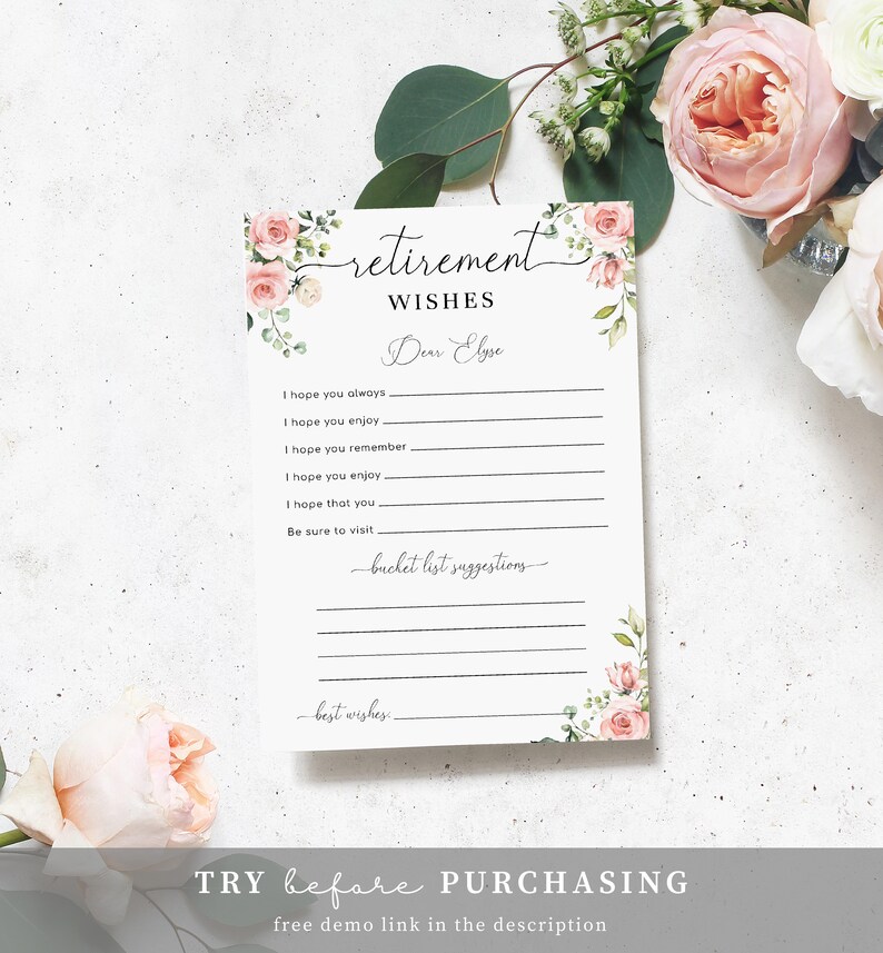 Printable Retirement Wishes Template, Blush Floral Retirement Keepsake ...