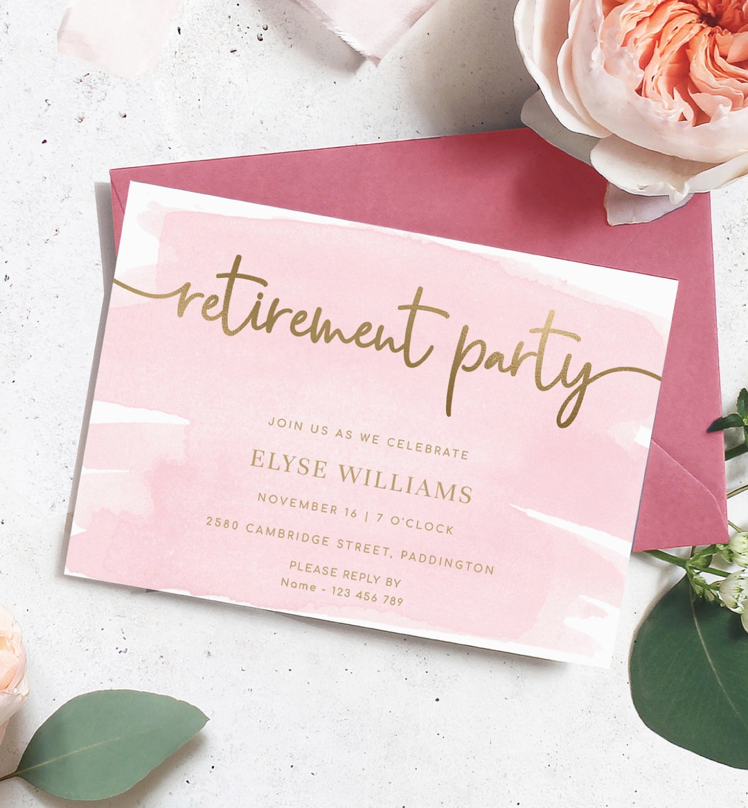 Printable Retirement Party Invitation, Pink Watercolour Gold ...