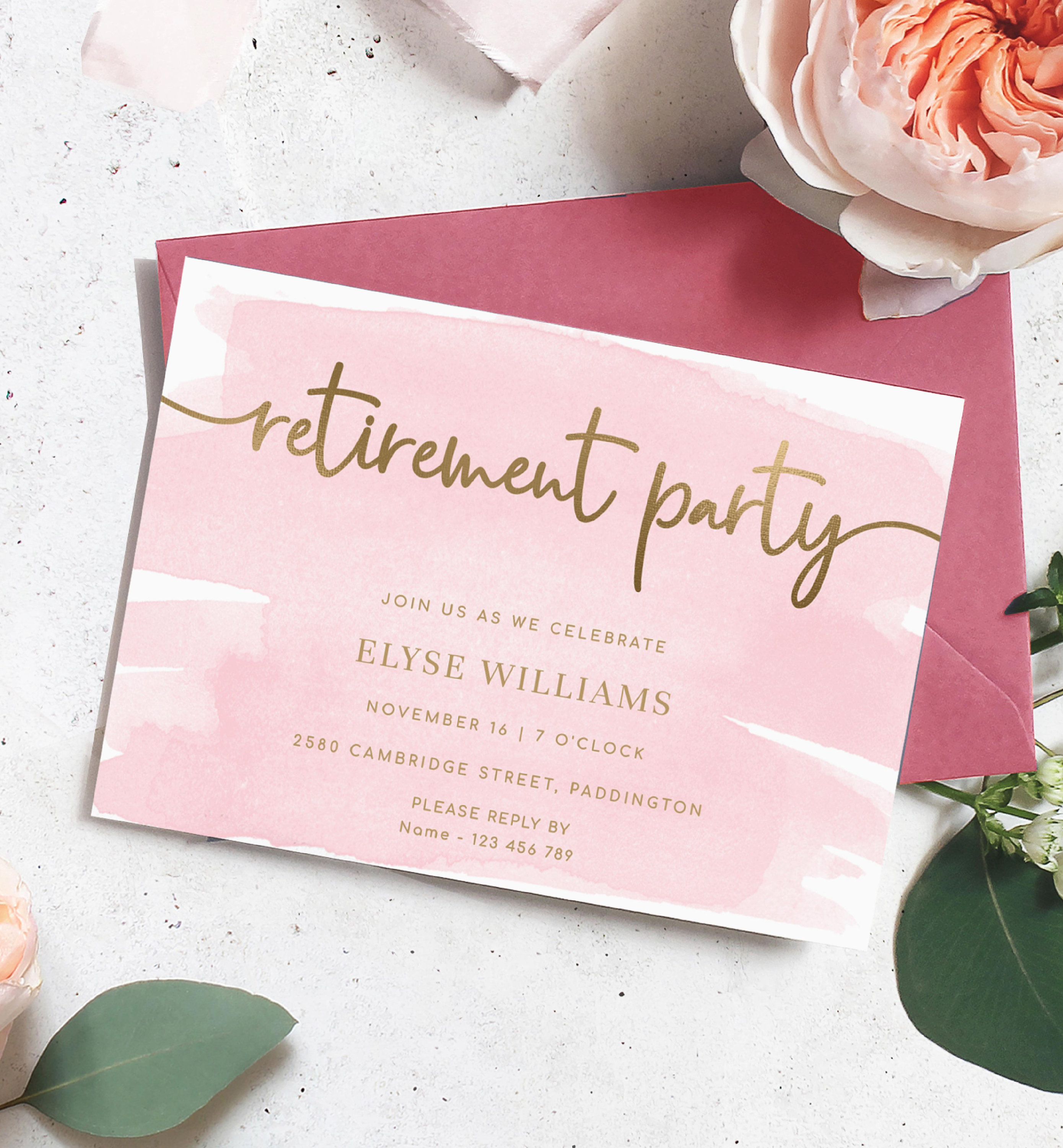Printable Retirement Party Invitation Pink Watercolour Gold - Etsy ...