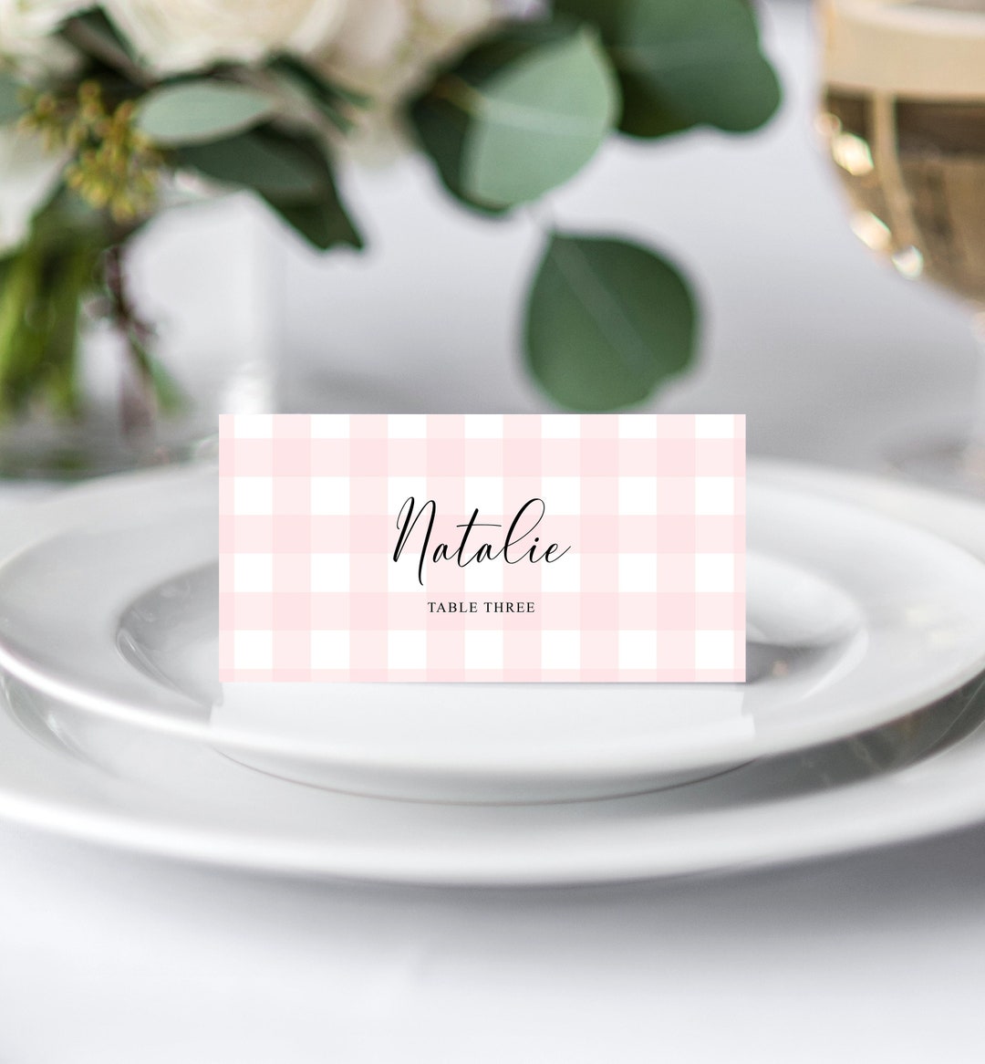 Tent and Flat Style Pace Cards - Pink Gingham Escort Cards - Editable ...