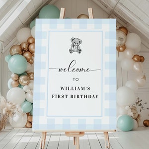 Printable Teddy Bear Welcome Sign Template, Blue Gingham Check, Boy ...