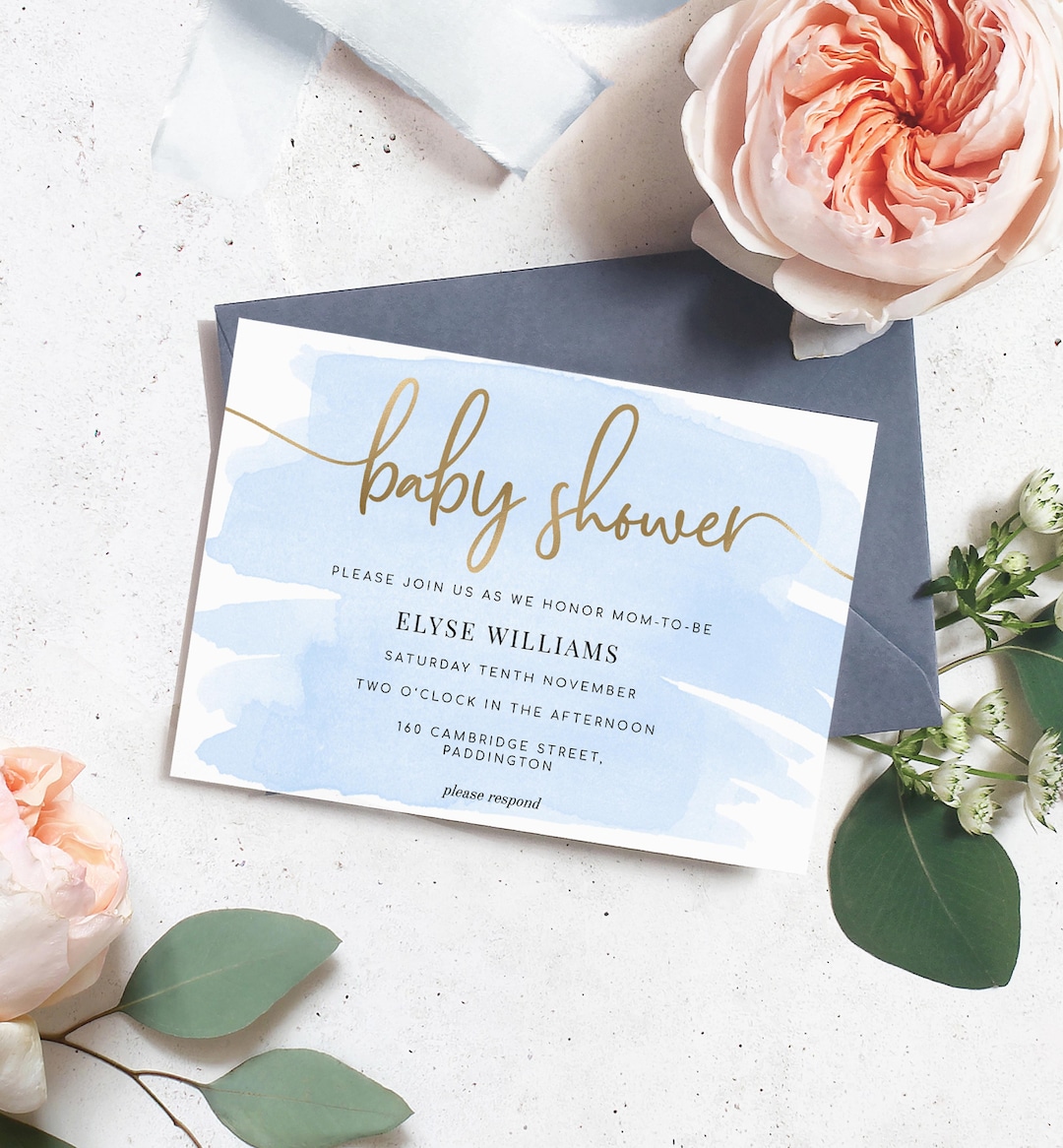 Blue Baby Shower Invitation Template, Printable Boy Baby Shower Invite ...