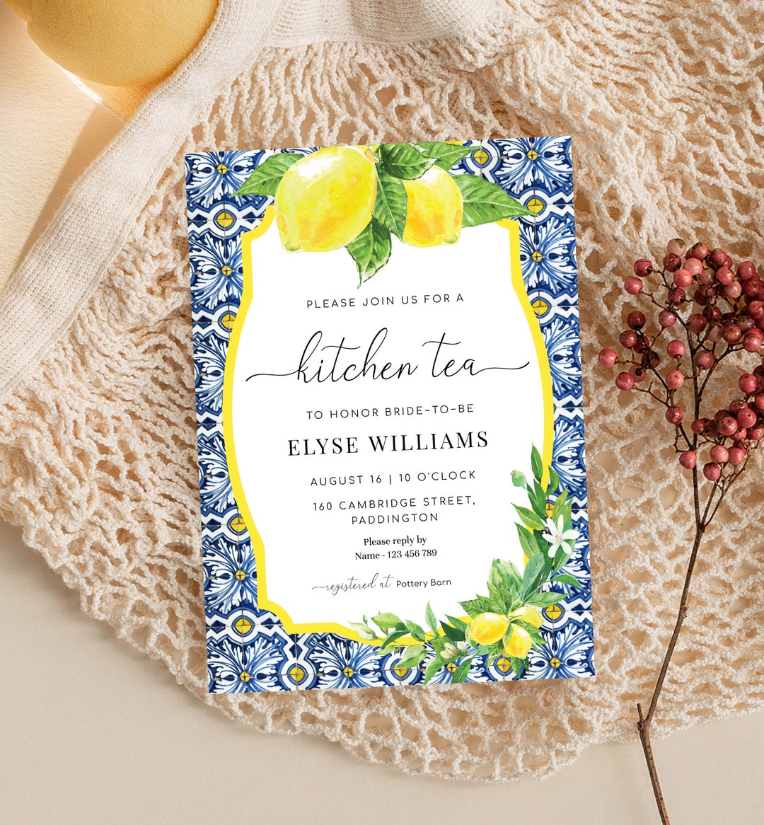 Kitchen Tea Printable Invitation Template, Positano Blue Tile, Italian ...