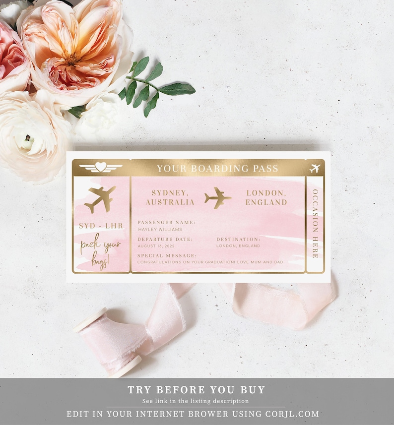 Editable Boarding Pass Template Printable Pink Watercolour - Etsy Australia