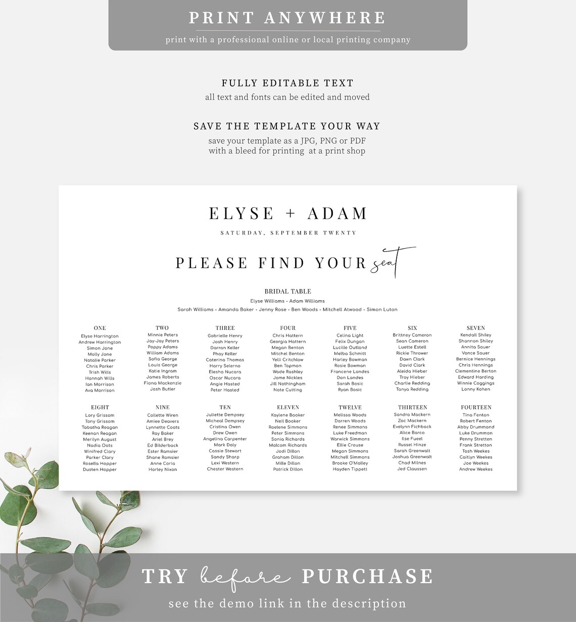 Printable Wedding 14 Table and Bridal Tables Seating Plan, Modern ...