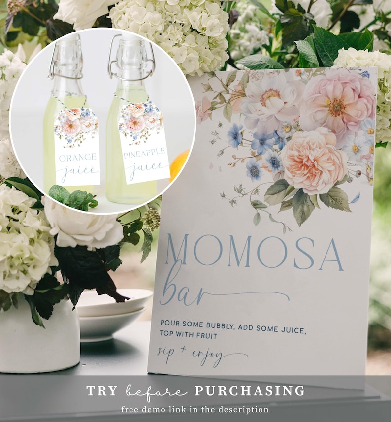 Printable Momosa Bar Sign and Juice Tags, Blue Floral Baby Shower ...