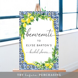 Printable Benvenuti Welcome Sign, Positano Blue Tile Lemons Wedding ...
