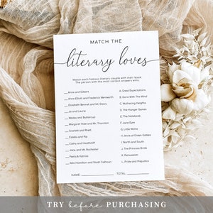 Literary Loves Game, Modern Minimalist Bridal Shower Book Characters ...