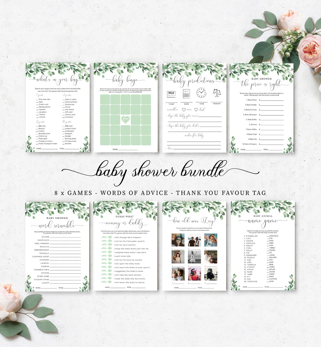 Greenery Printable Baby Shower Games Bundle, Eucalyptus Greenery Gender ...