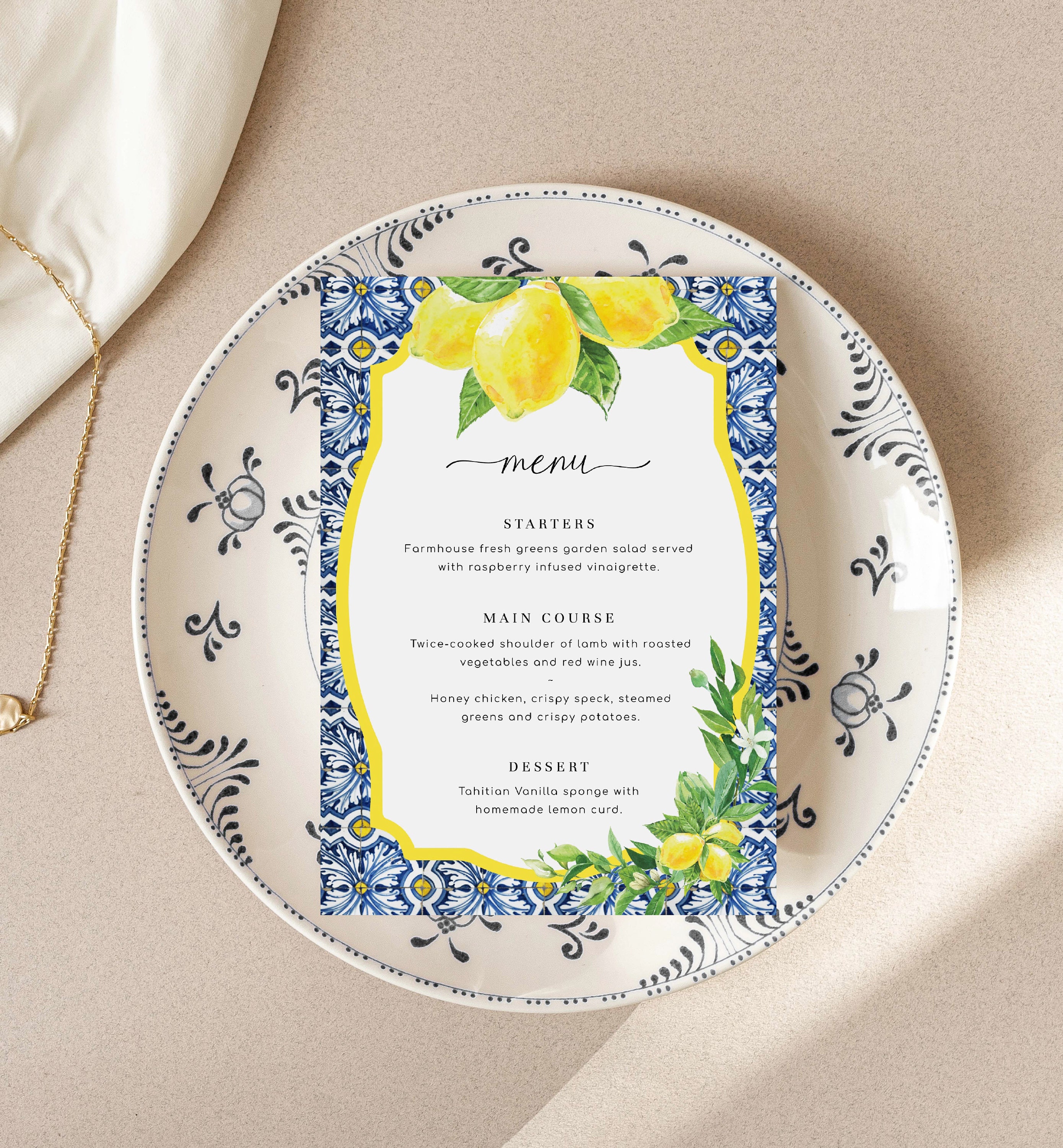 Printable Menu Template Positano Blue Tile Lemons Wedding - Etsy Canada