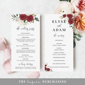 Printable Red Floral Wedding Program Template, Editable Wedding Service ...