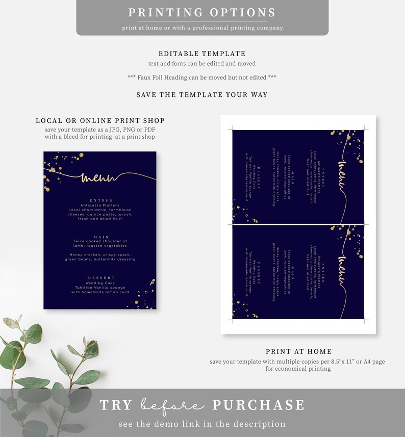 Navy and Gold Editable Printable Menu Template Wedding Menu - Etsy
