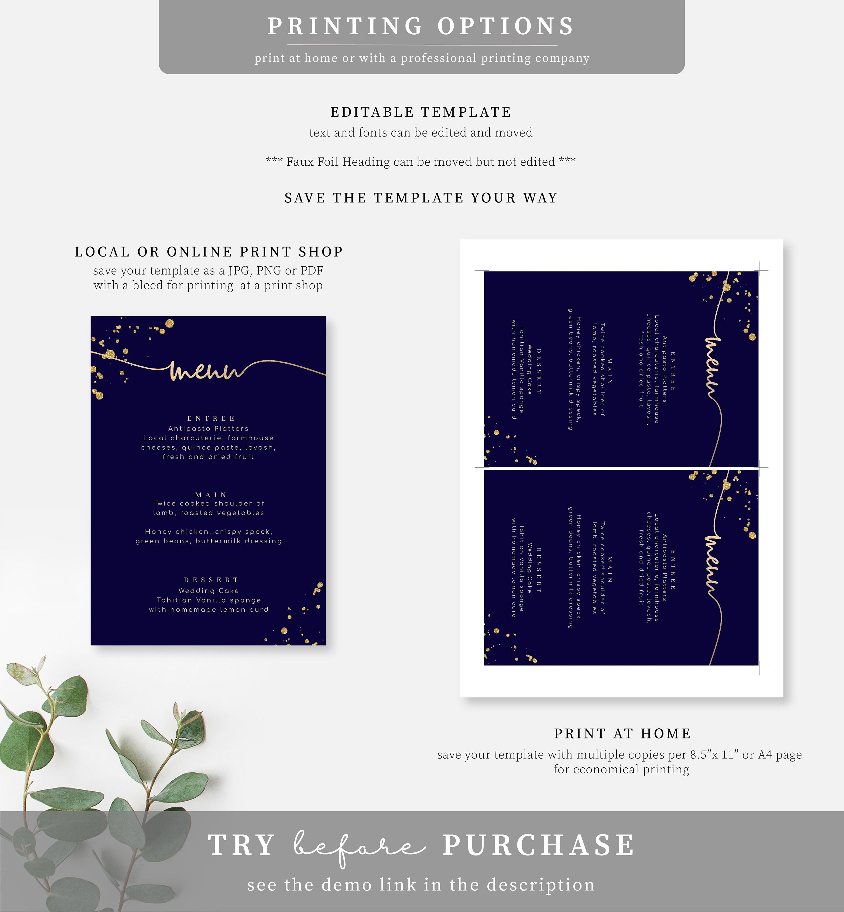 Navy and Gold Editable Printable Menu Template Wedding Menu | Etsy