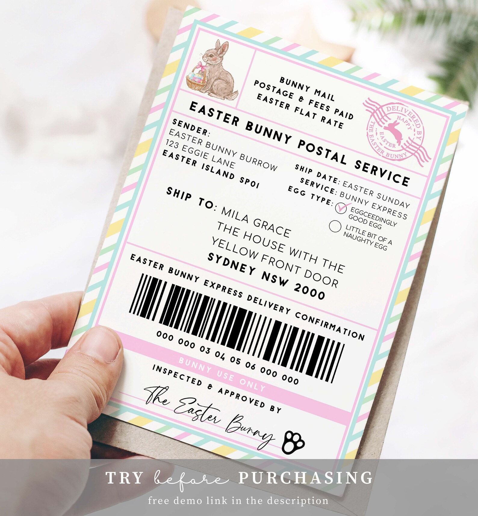 Printable Easter Bunny Shipping Label, Special Delivery Gift Tag ...