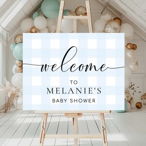 Blue Gingham Welcome Sign, Boy Baby Shower Pale Blue Check Welcome Sign ...