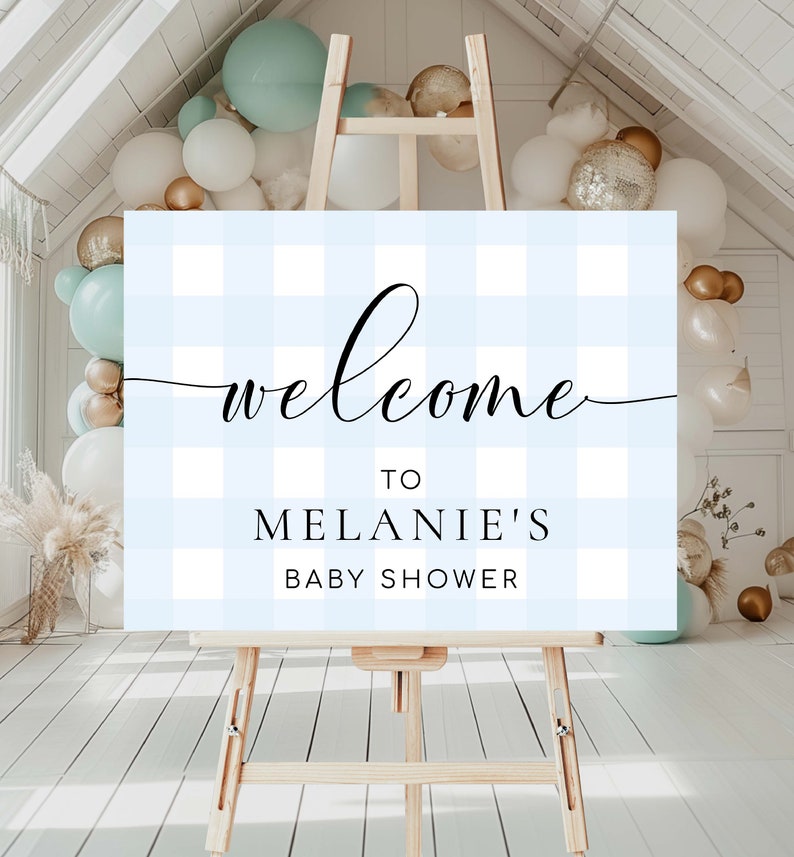Blue Gingham Welcome Sign, Boy Baby Shower Pale Blue Check Welcome Sign ...