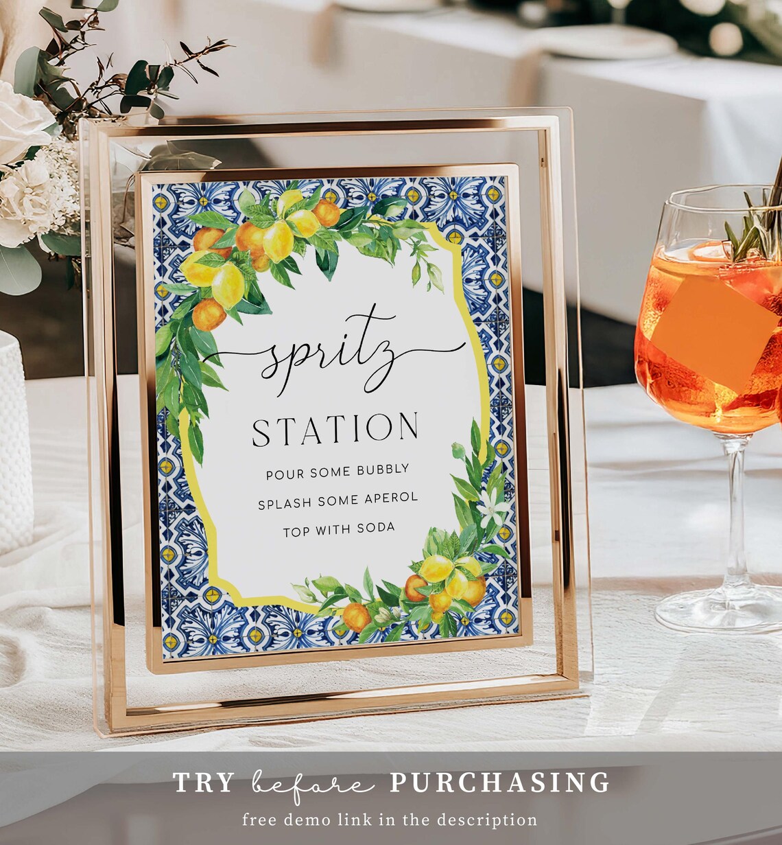 Spritz Station Sign, Positano Blue Tile Oranges Lemons Alcohol Spritz ...