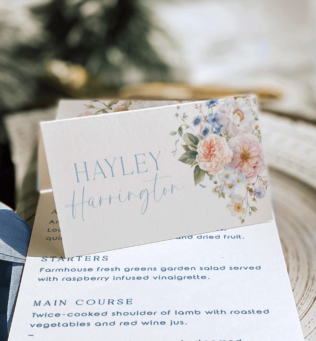 Blue Floral Place Card Template, DIY Wedding Shower (digital Download ...