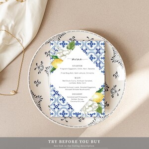 Mediterranean Blue Tile Editable Menu Template - Lemons - Printable ...