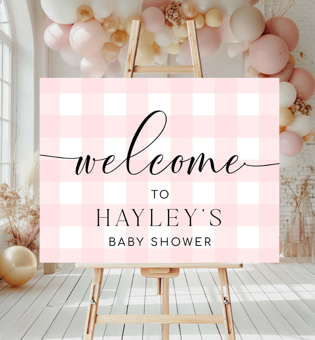 Pink Gingham Welcome Sign, Girl Baby Shower Pale Pink Check Welcome ...