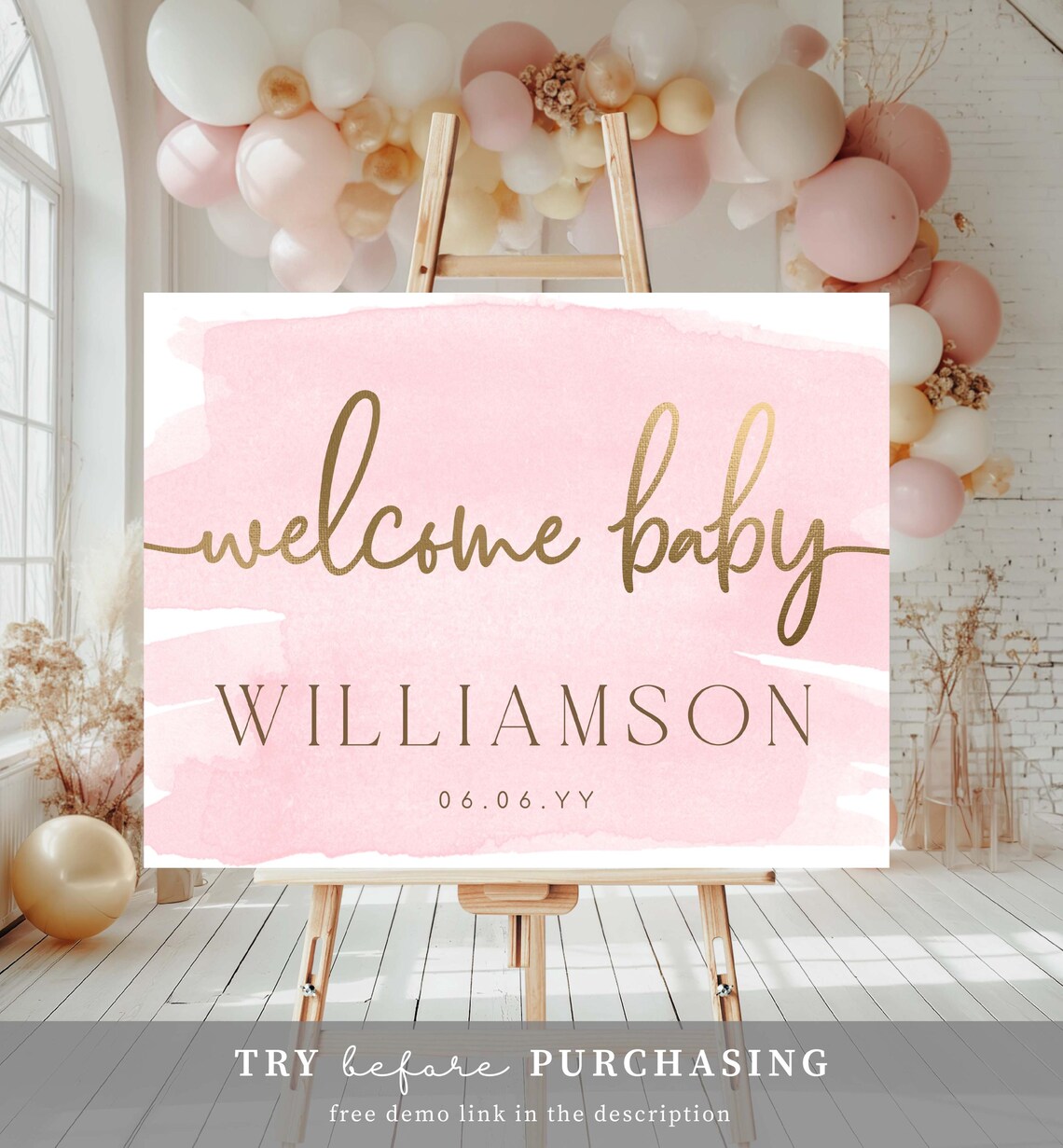 Pink Watercolor Baby Shower Welcome Sign, Faux Gold (digital Download ...