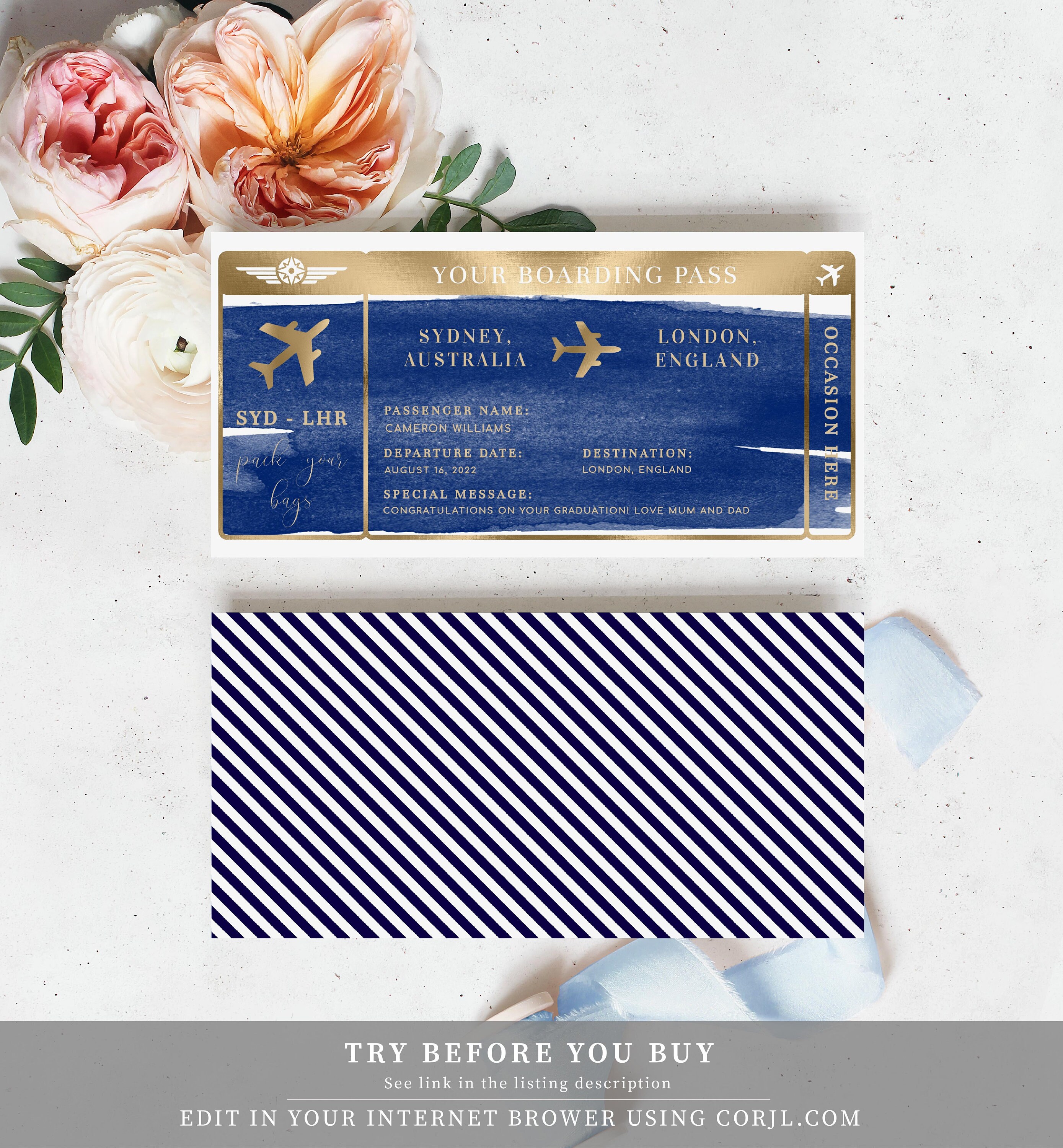 Editable Boarding Pass Template Printable Navy Watercolour | Etsy
