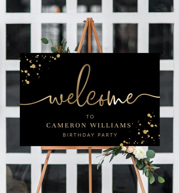 Editable Welcome Sign Black Gold Printable Unisex Birthday - Etsy