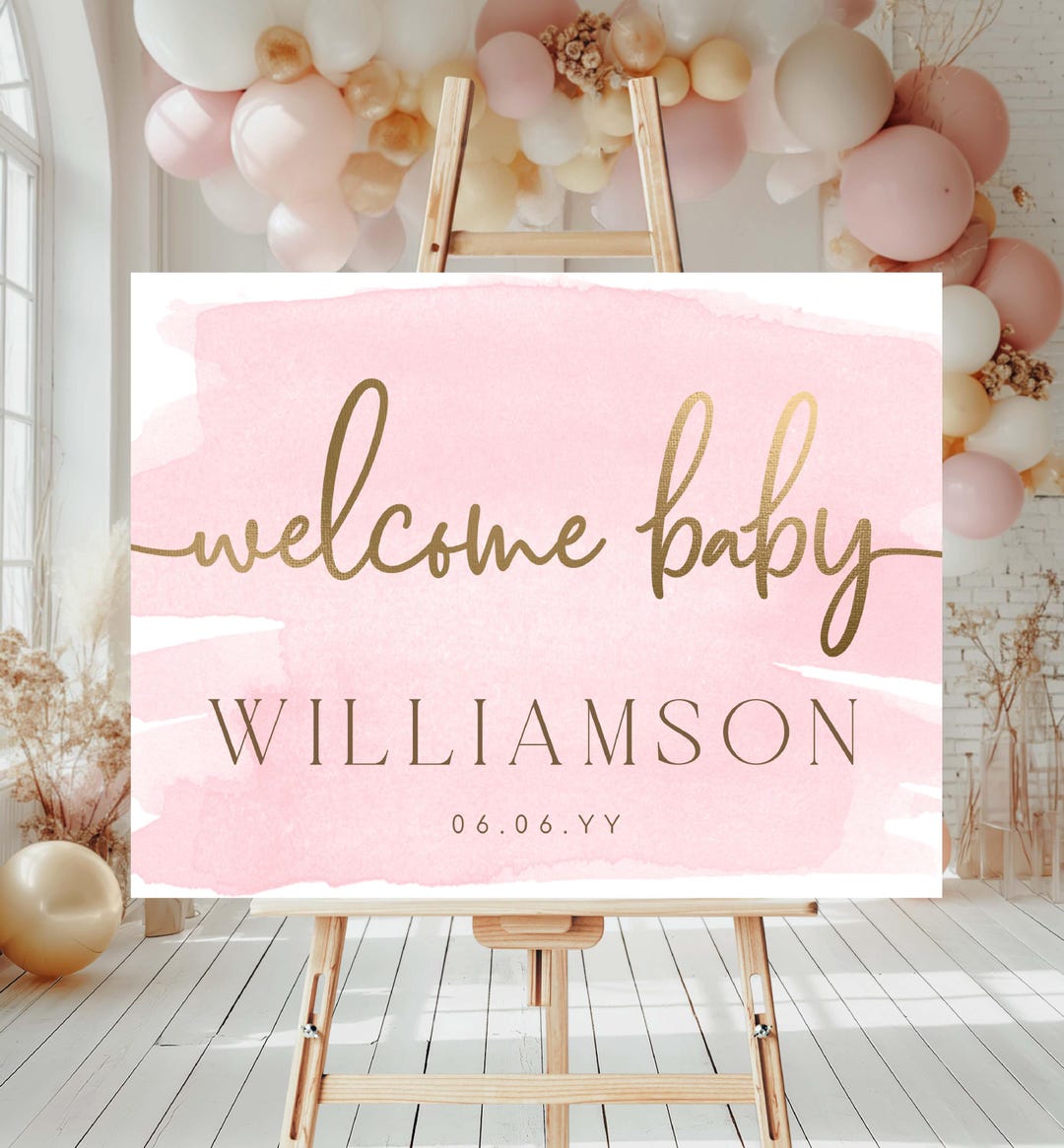 Welcome Baby Sign, Welcome Sign Template, Printable Pink Watercolour ...