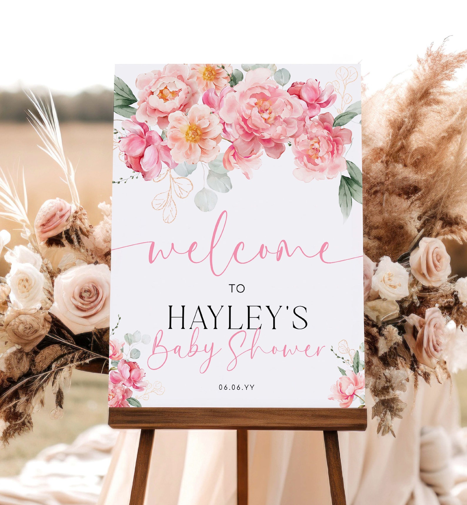 Hot Pink Peony Welcome Sign, Printable Bridal Shower Welcome Sign ...