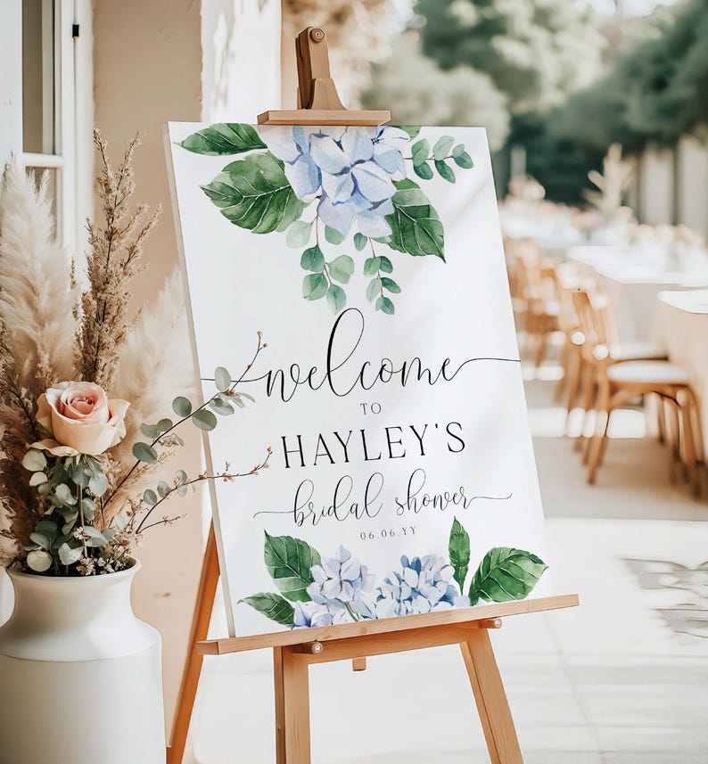 Printable Welcome Sign Template, Blue Hydrangea, Boy Baby Shower ...