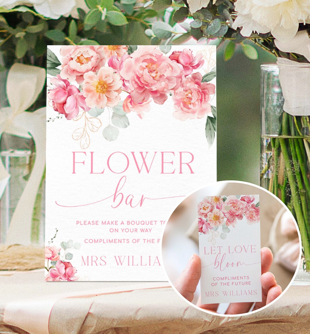 Printable Flower Bar Sign, Hot Pink Peony Floral (digital Download ...