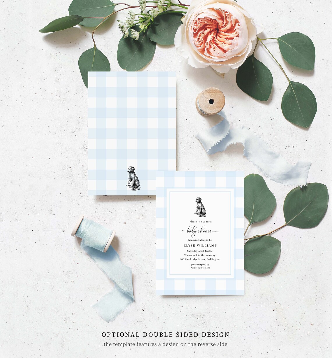 Puppy Dog Baby Shower Printable Invitation Template, Blue Gingham, Boy ...