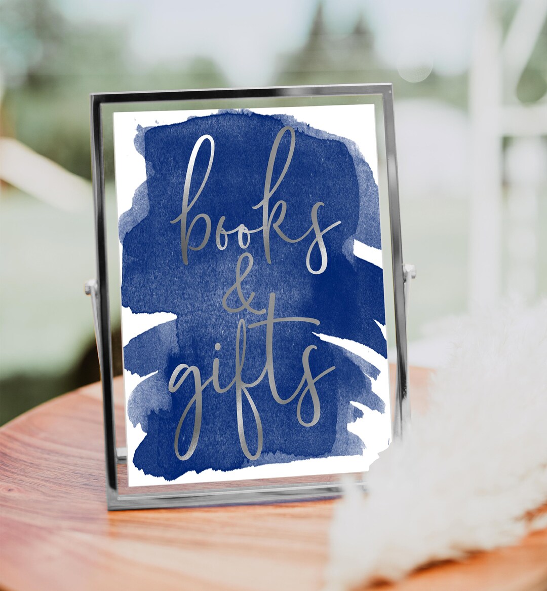 Printable Book and Gifts Sign Sign Navy Watercolour and Silver Boy Baby ...