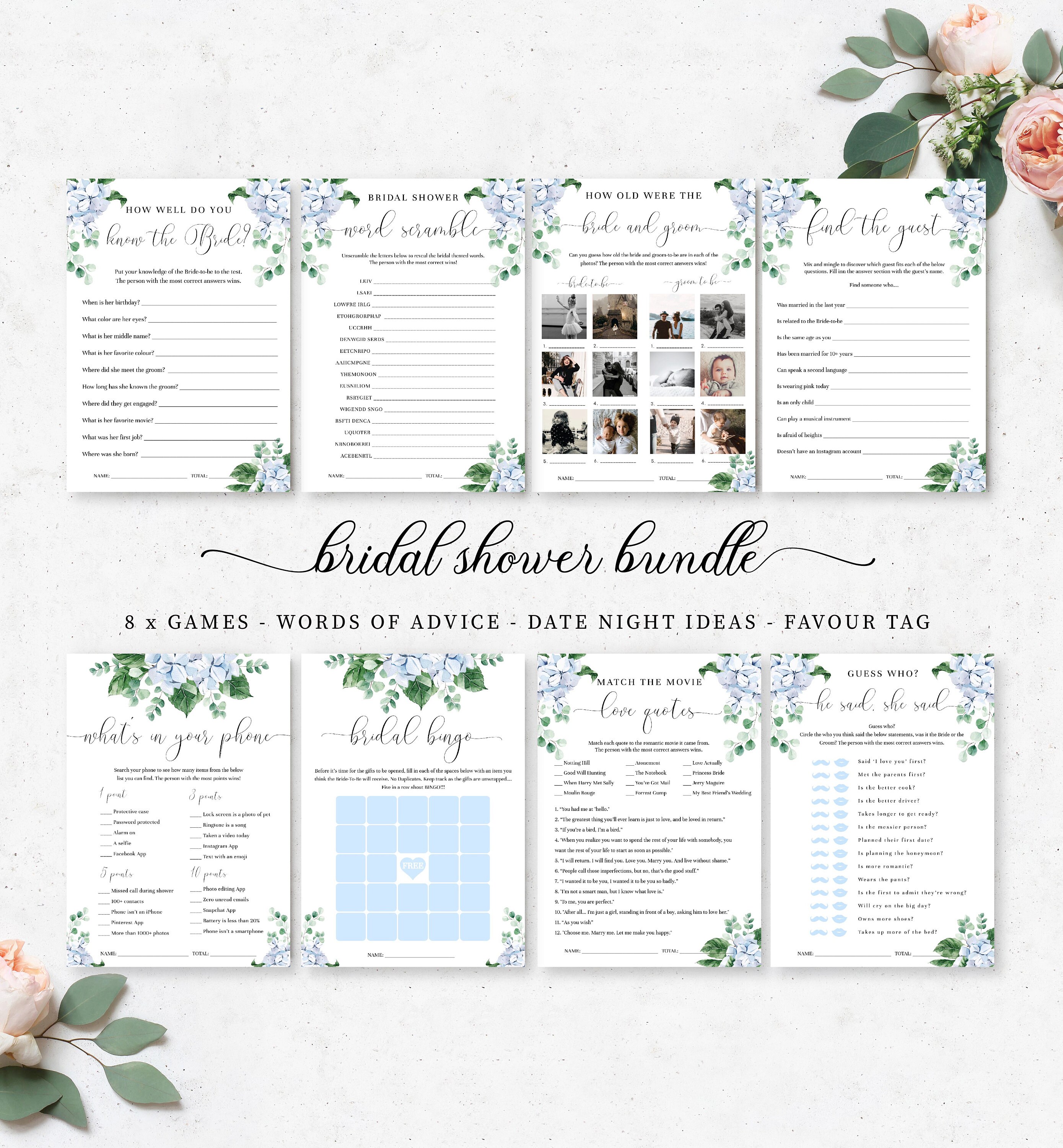 Printable Bridal Shower Games Bundle Pack Blue Hydrangea - Etsy Australia