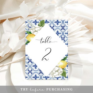 Printable Guest Name Table Numbers, Mediterranean Blue Tile Lemons ...