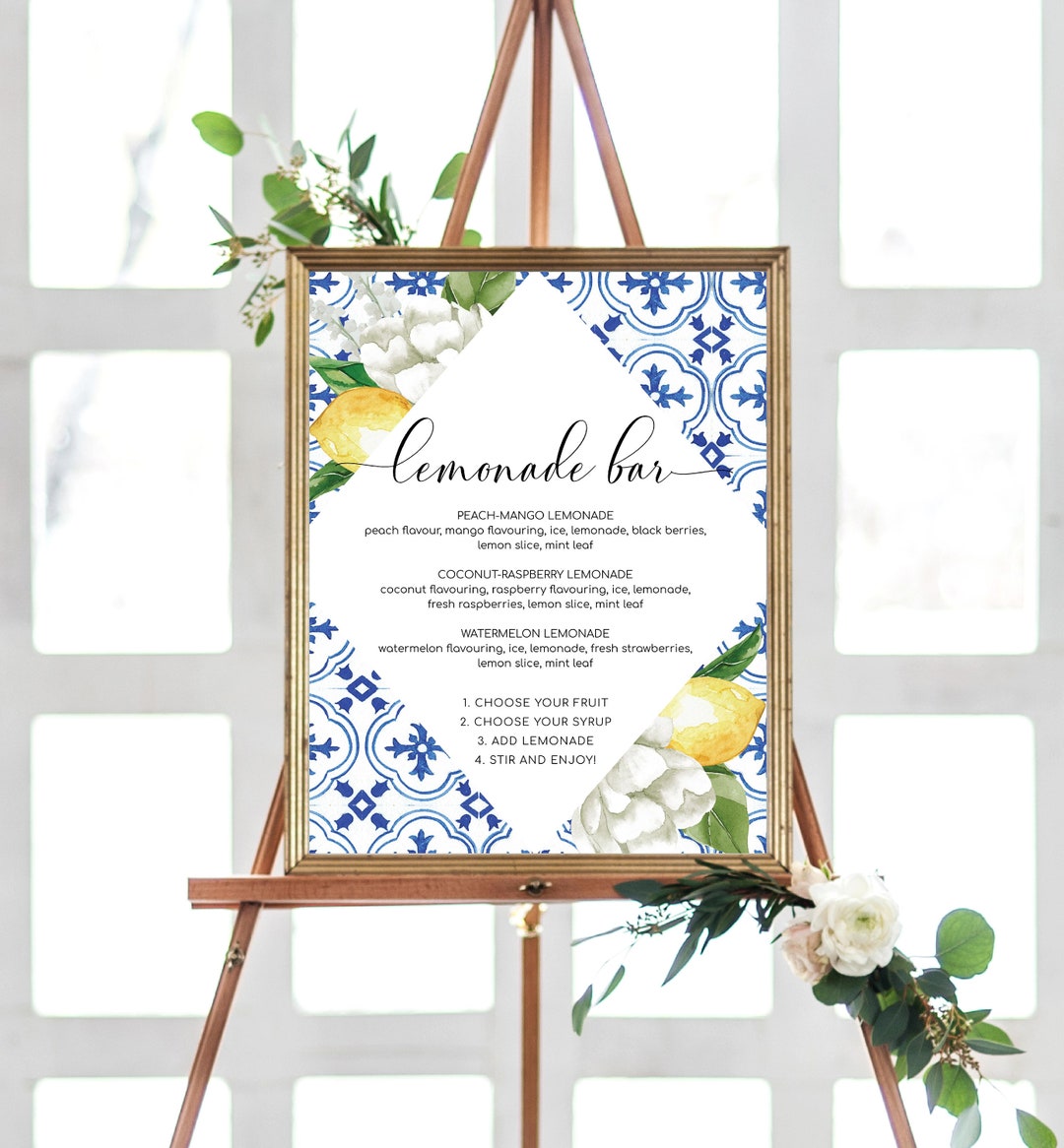 Lemonade Bar Sign - Mediterranean Blue Tile Lemons - Editable Bridal ...