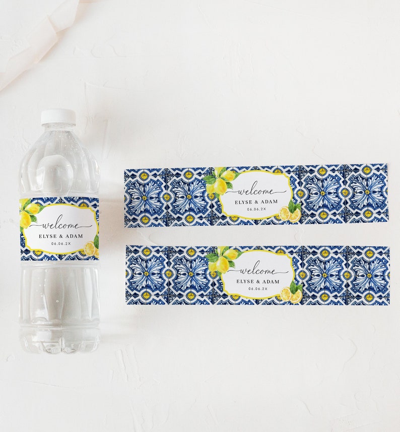 Welcome Water Bottle Printable Label, Positano Blue Tile Lemon Wedding ...