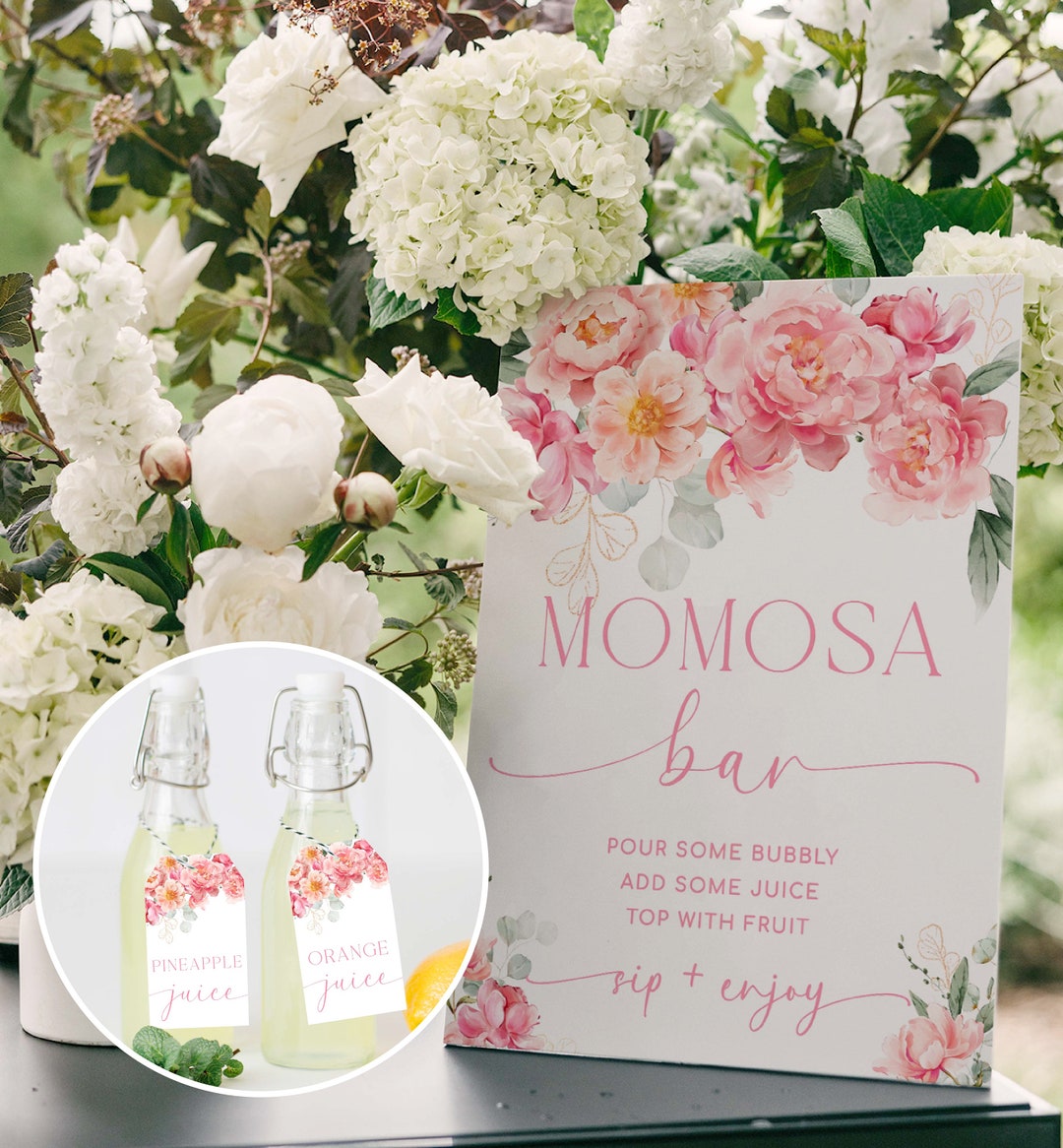 Pink Peony Momosa Bar Sign, Baby Shower Juice Tags (printable), Piper ...