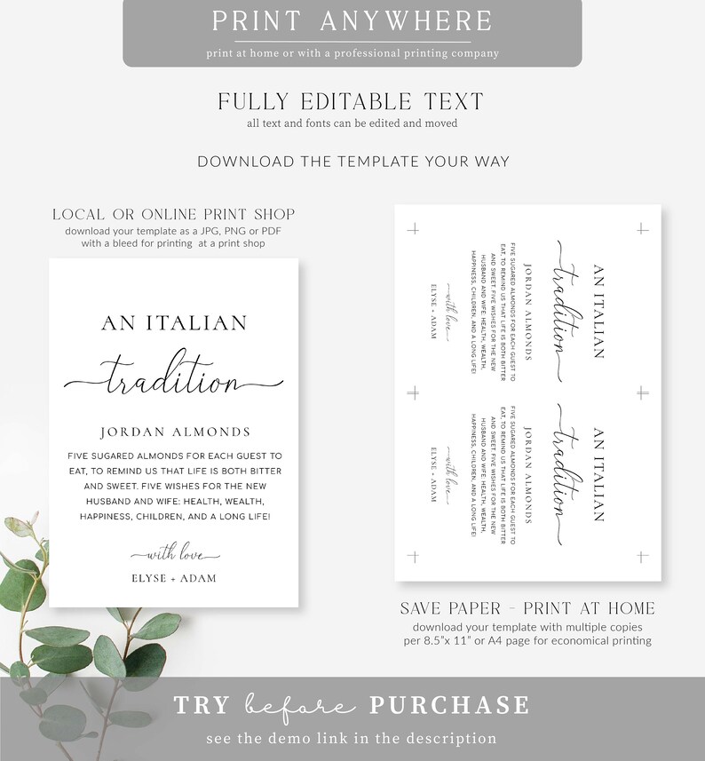 Italian Tradition Jordan Almonds Sign, Sugared Almonds Wedding Favor ...