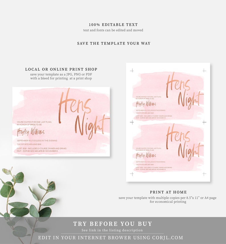 Hens Night Printable Invitation - Hens Party Invite - Pink Watercolour ...