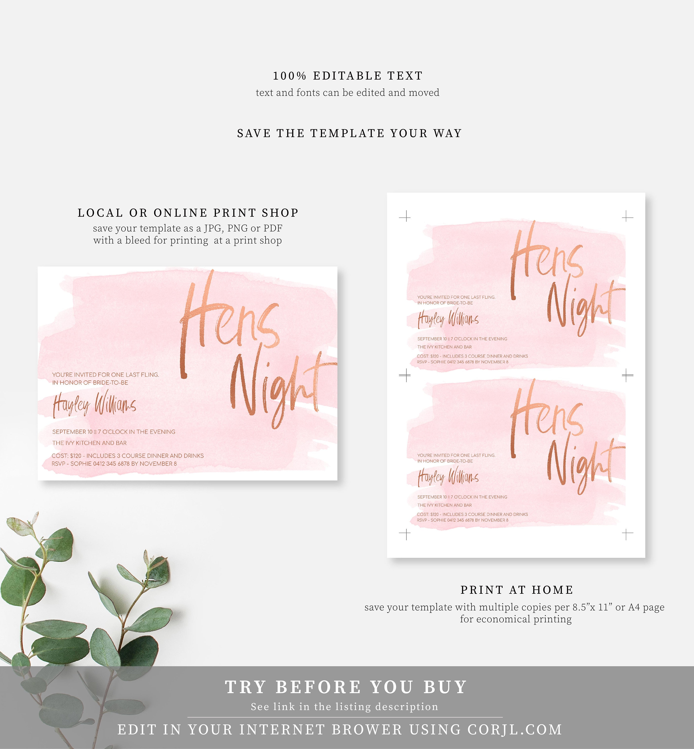 Hens Night Printable Invitation - Hens Party Invite - Pink Watercolour ...