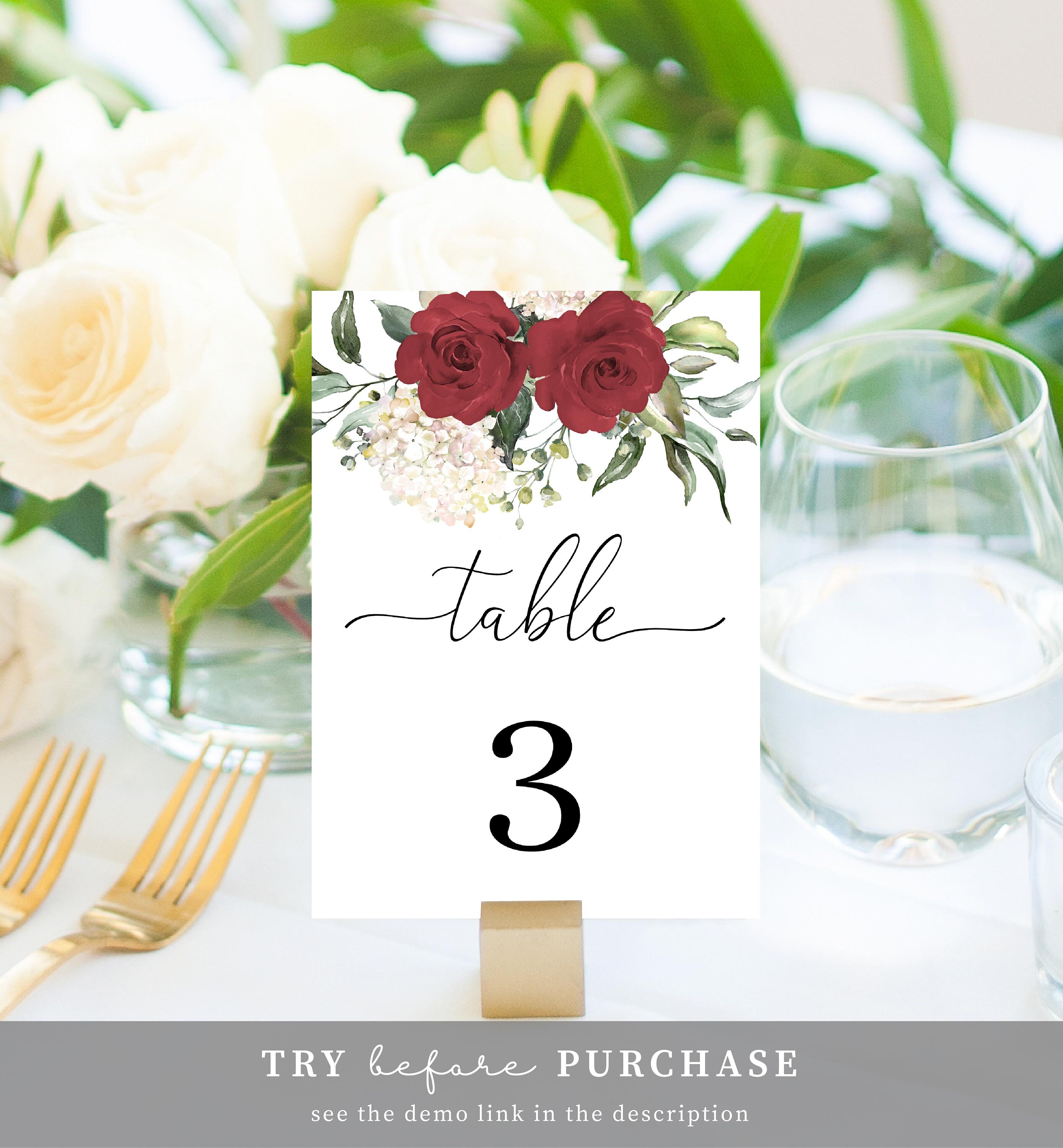 Editable Table Numbers With Guest Names Red Roses Floral | Etsy