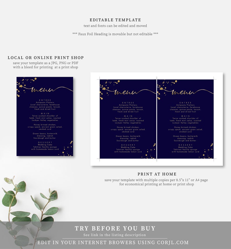 Navy and Gold Editable Printable Menu Template Wedding Menu | Etsy