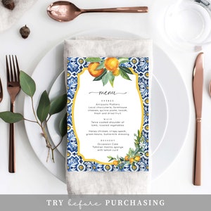 Printable Menu Template, Positano Blue Tile Oranges, Italian Almalfi ...