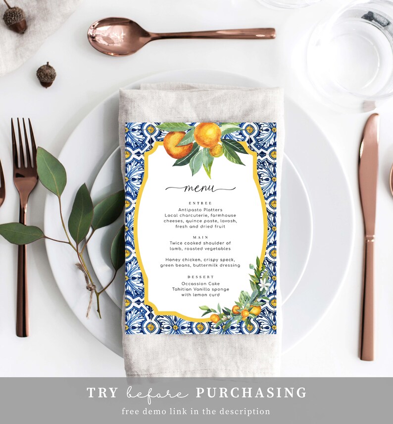 Positano Tile Menu Template, Amalfi Coast Oranges (printable) - Etsy