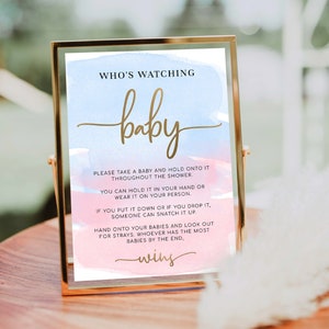 Printable Who's Watching Baby Sign Template, Pink Blue Watercolour Gold ...