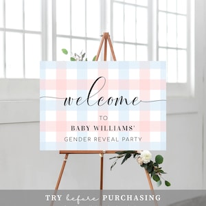 Printable Welcome Sign Pink Blue Gingham Gender Reveal Party - Etsy